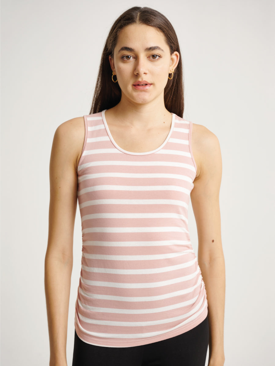 Side Ruched Sleeveless Dusty Pink/White Strips Maternity Singlet ...